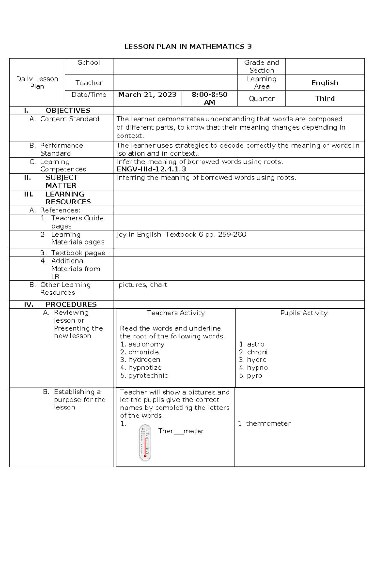 Detailed Lesson Plan in English 6: Infer using root words - LESSON PLAN ...