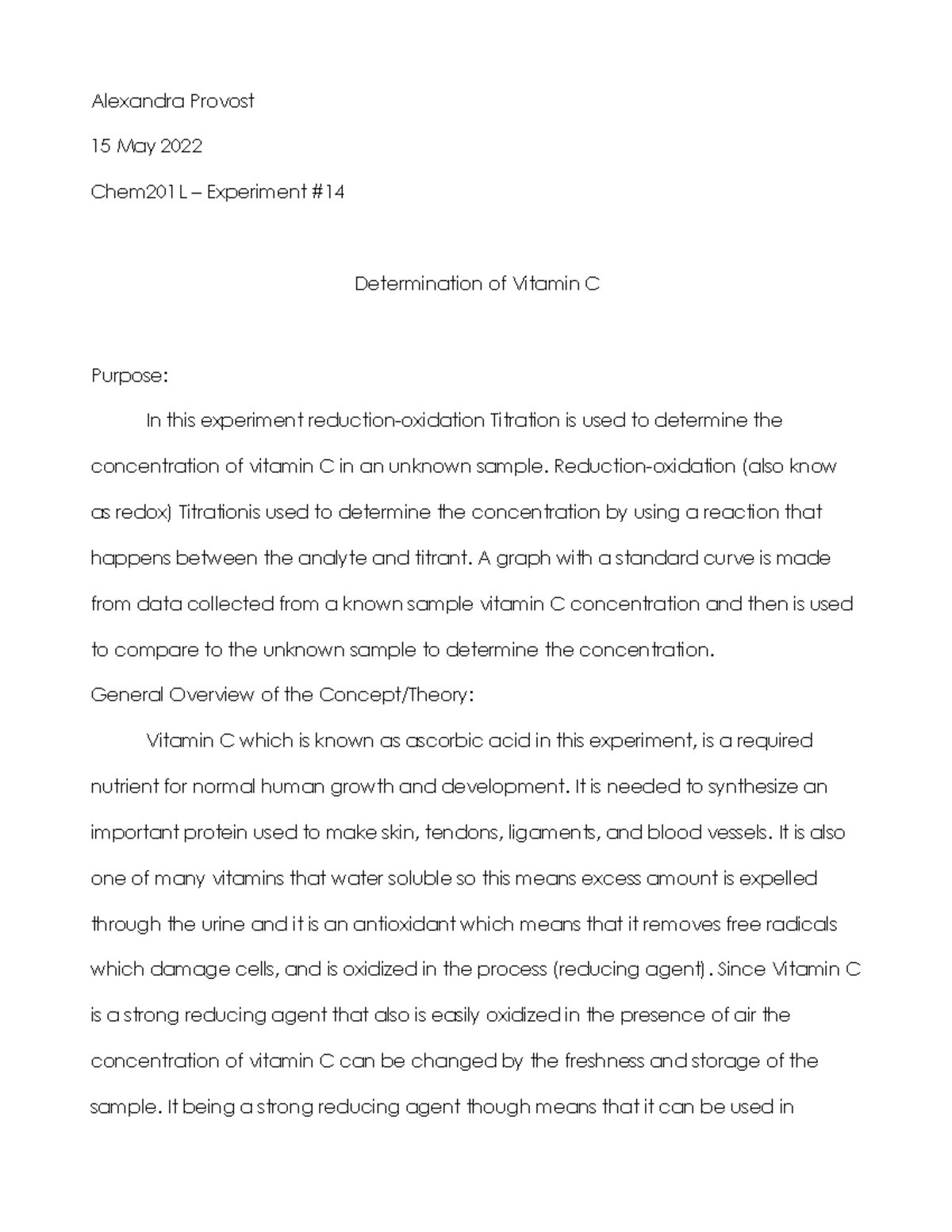 Experiment 14Chem201L - Alexandra Provost 15 May 2022 Chem201L ...