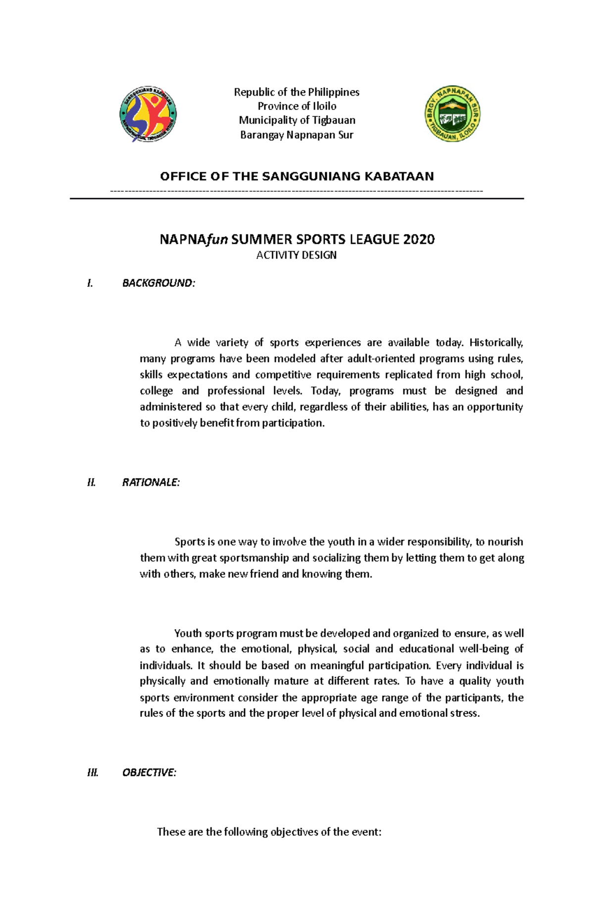 Activity Design Sports League April-May 2019 - Republic of the ...