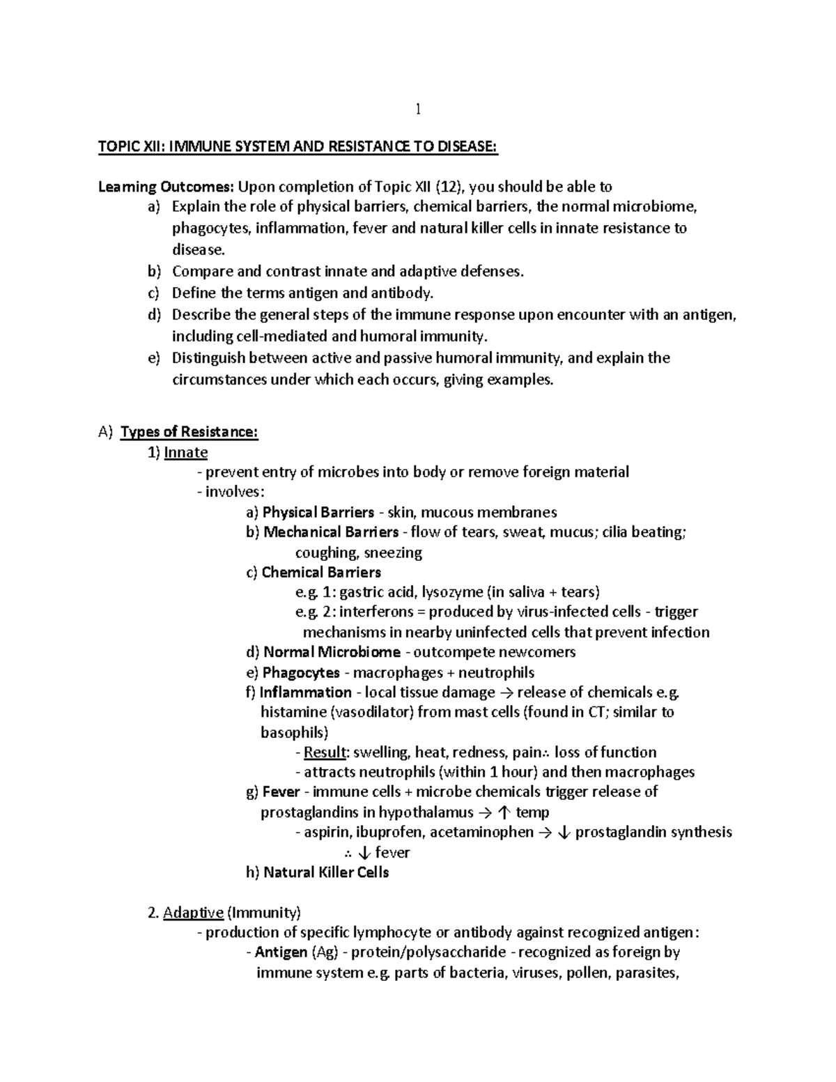 Topic XII Immune System and Resistance to Disease - 1 TOPIC XII: IMMUNE ...