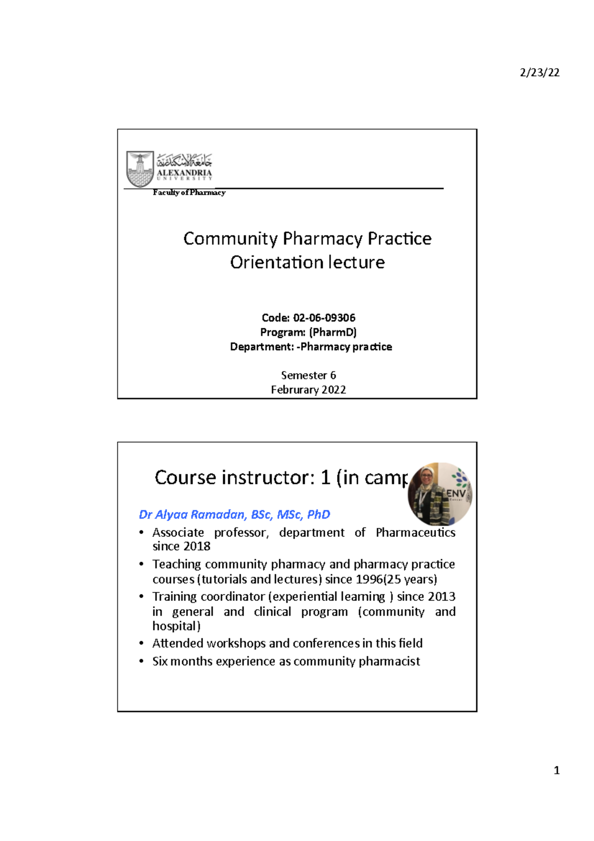 First orientation lectures by AR hndout - Community Pharmacy Prac3ce Orienta3on lecture Code ...