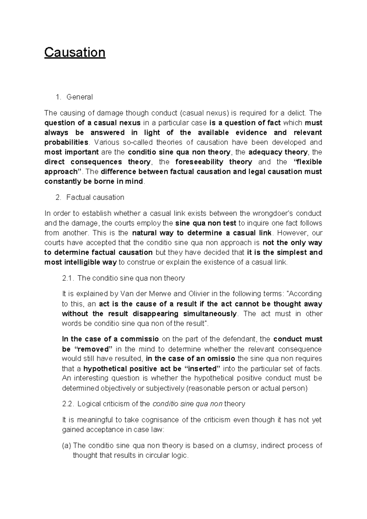 Causation - Summary Law of Delict - Causation General The causing of ...
