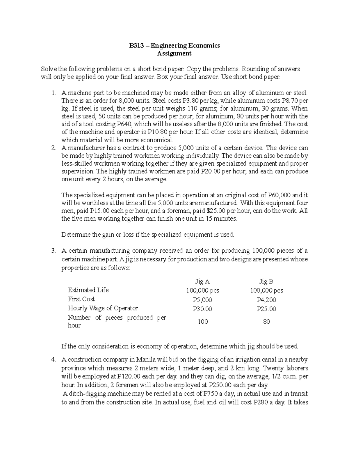 B313 - Assignment - Present Economy - B313 – Engineering Economics ...