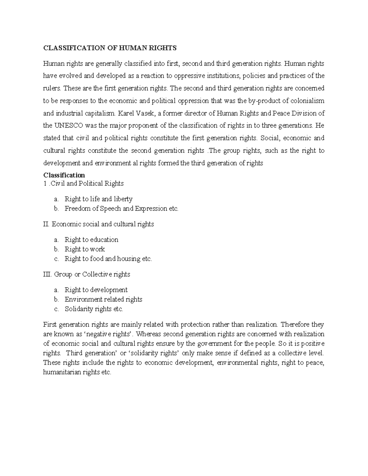 Classification OF Human Rights - CLASSIFICATION OF HUMAN RIGHTS Human ...