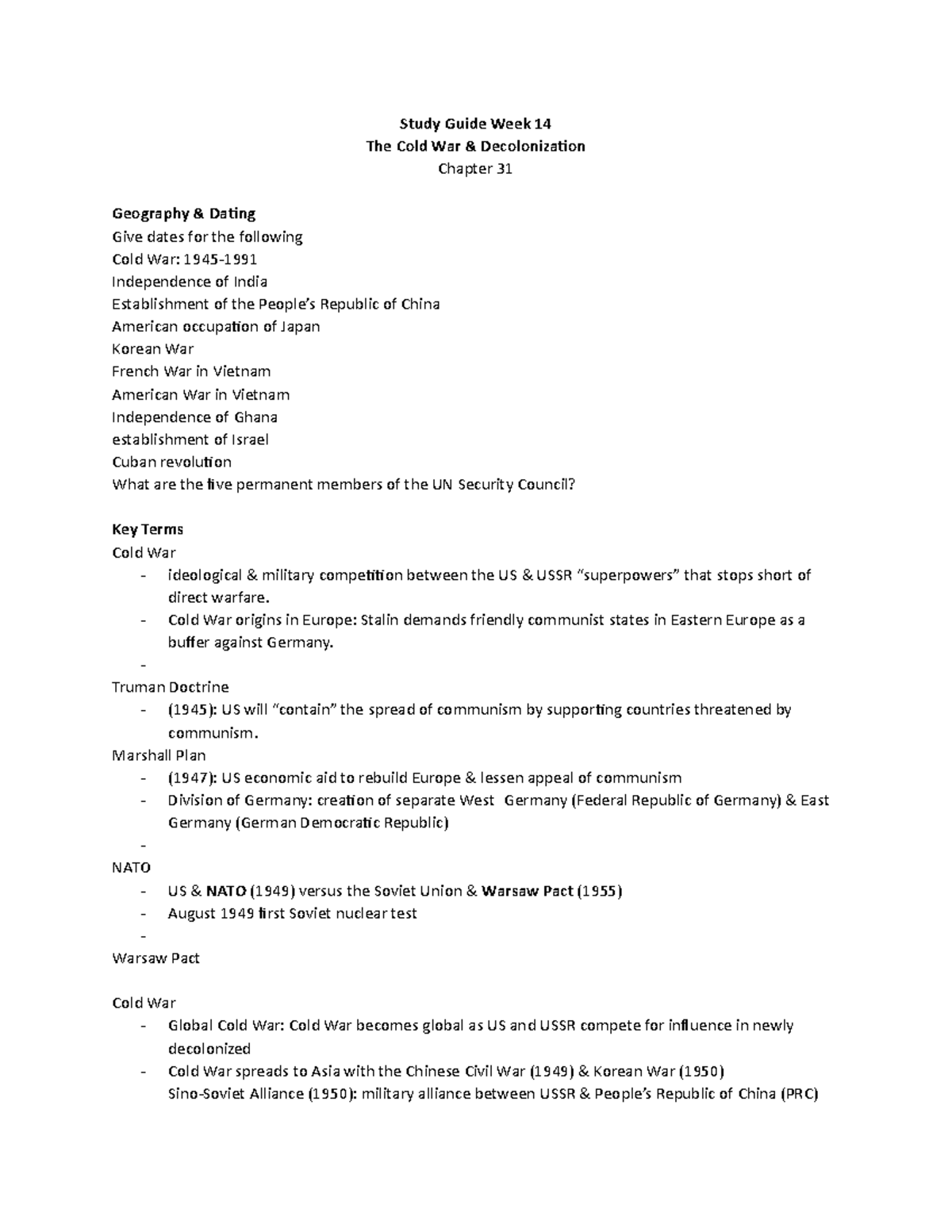 Study Guide Week 14 The Cold War and Decolonization - Study Guide Week ...