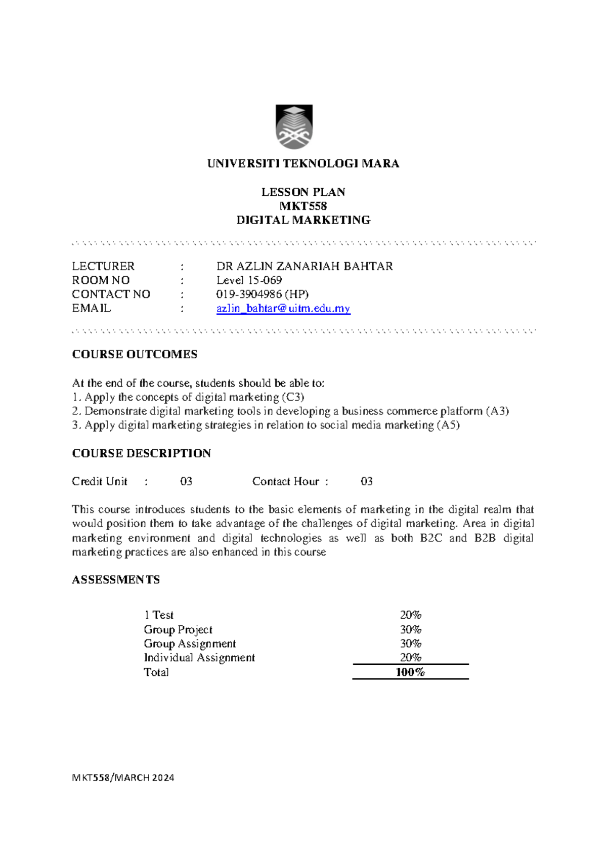 Lesson plan March 2024 - notes for reference - UNIVERSITI TEKNOLOGI ...