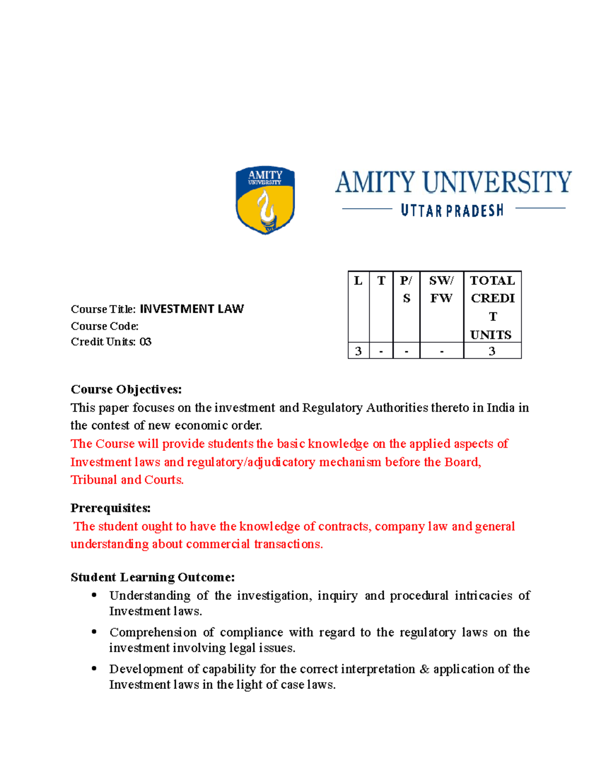 New Syllabus 11232014 7964081 - Course Title: INVESTMENT LAW Course Code: Credit Units: 03 ...