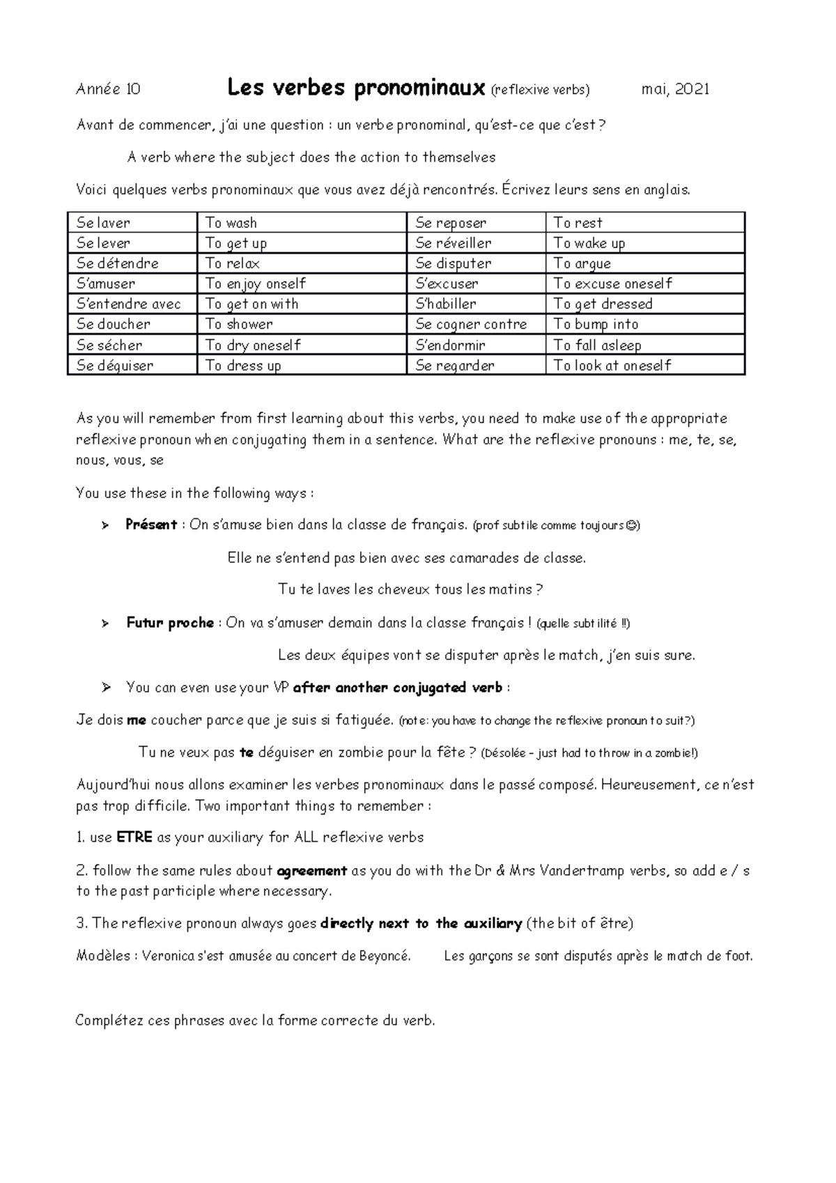 Answers reflexiveverbs 21 - Année 10 Les verbes pronominaux (reflexive ...