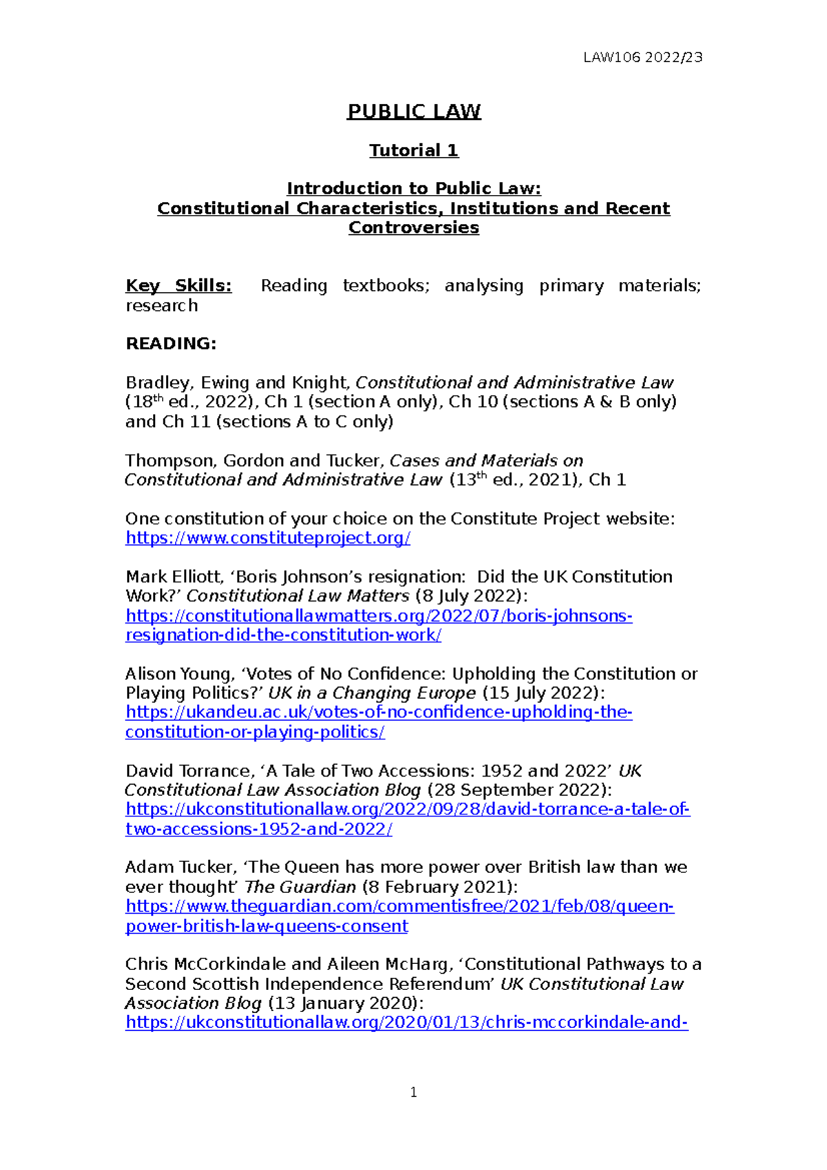 PL tutorial one reading and question sheet Liv 2022 - LAW106 2022 ...