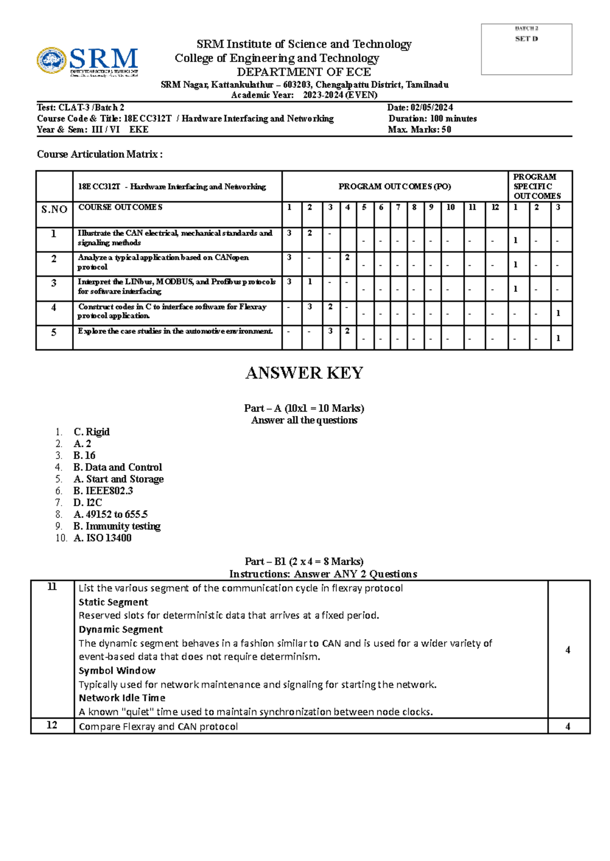 CLA T3 Set D Answer Key - SRM Institute of Science and Technology ...
