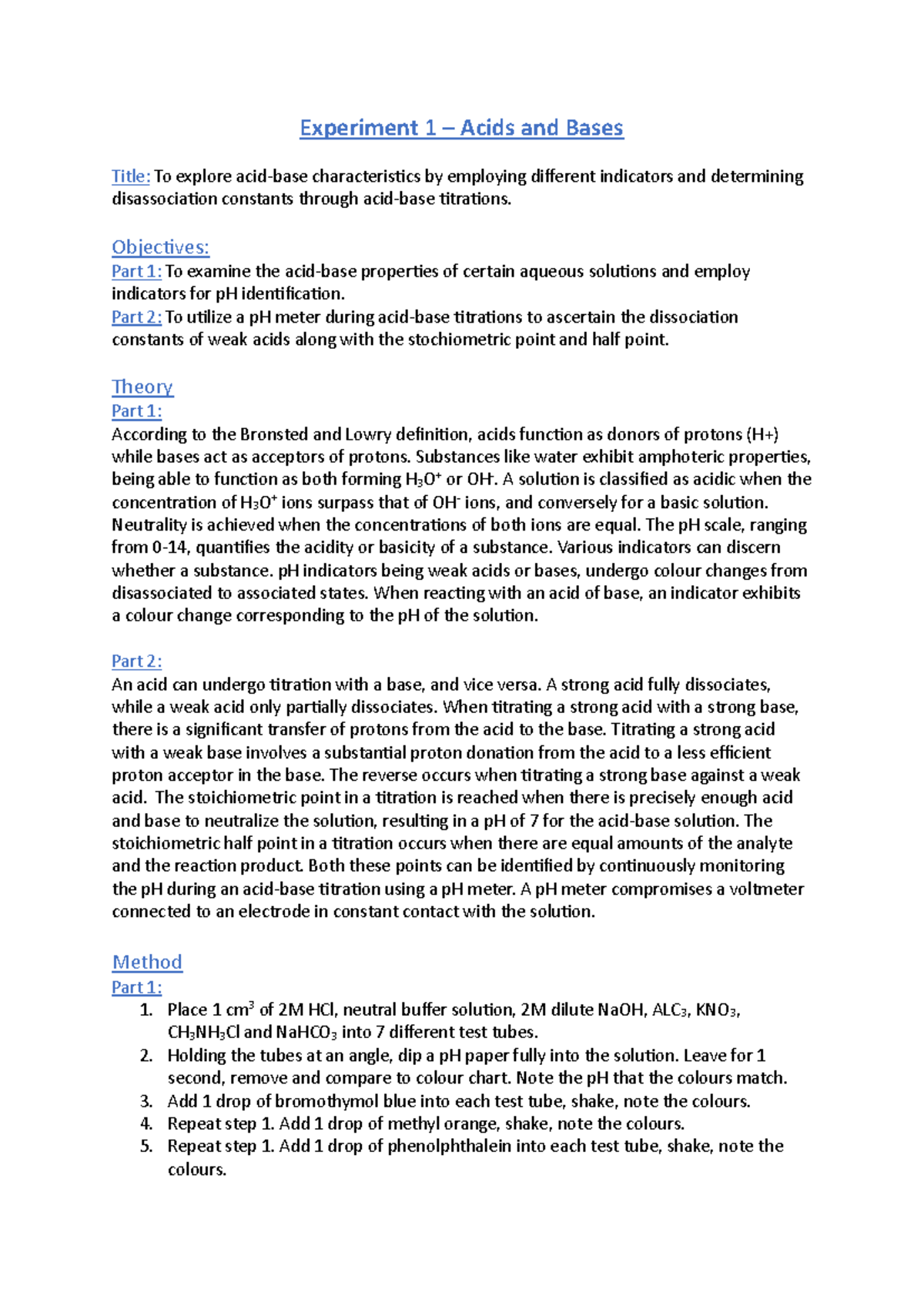 Experiment 1 - acids and bases - Experiment 1 – Acids and Bases Title ...