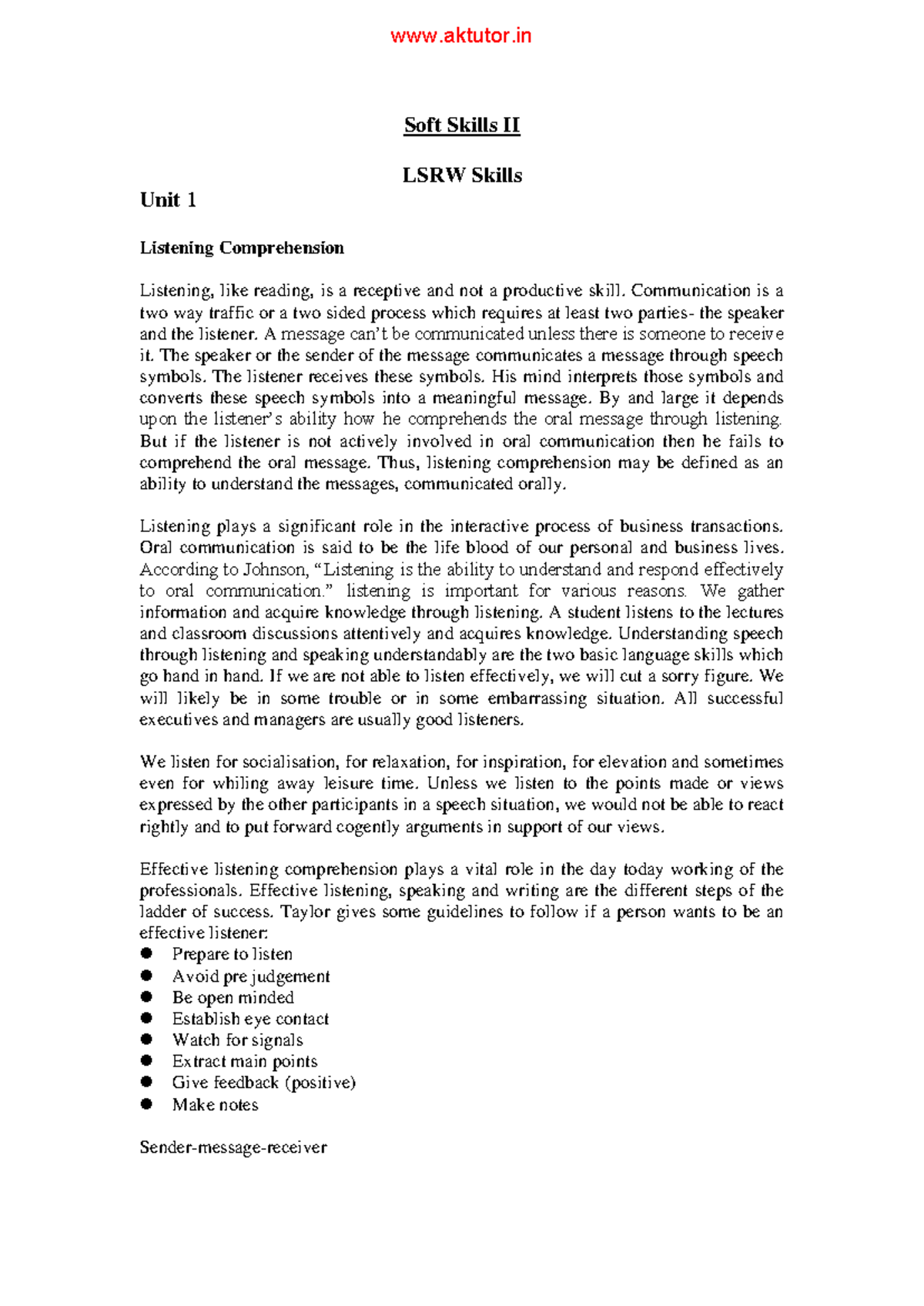 Soft Skills - 2 (Notes) - Soft Skills II LSRW Skills Unit 1 Listening ...