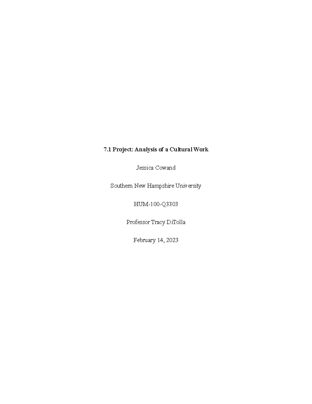 7-1 Final Project Analysis of a Cultural Work Jessica Cowand - 7 ...