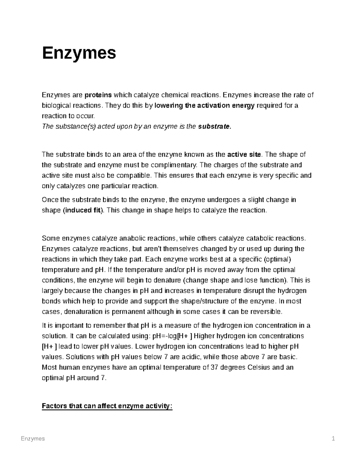 Enzymes - In class notes, descriptive - Enzymes Enzymes are proteins ...