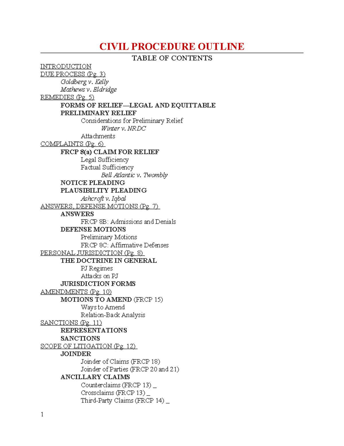 Civil Procedure Outline - CIVIL PROCEDURE OUTLINE TABLE OF CONTENTS ...
