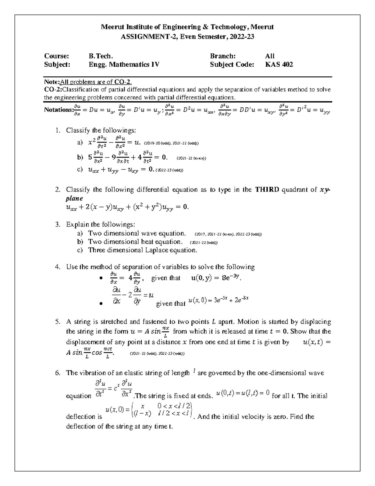 Assignment-2 KAS 402 - Assignment for Math 4 - Meerut Institute of Engineering & Technology ...