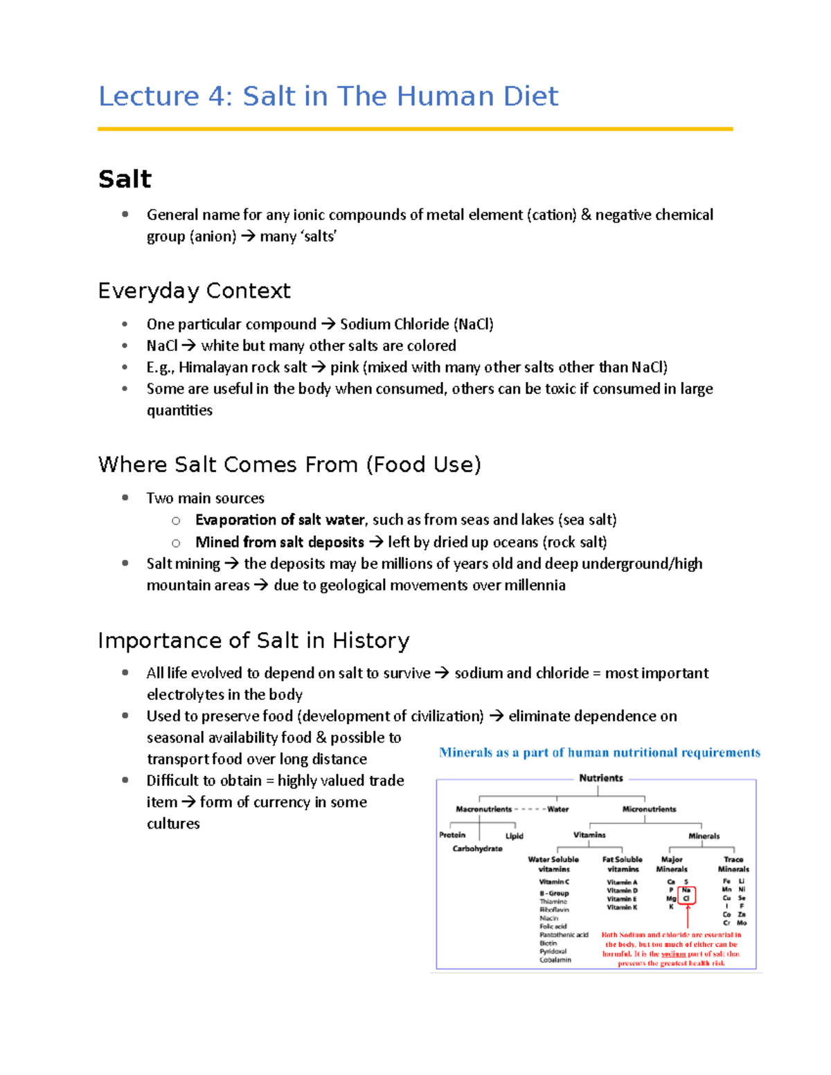 Lecture 4+Readings - Notes - Lecture 4: Salt in The Human Diet Salt ...