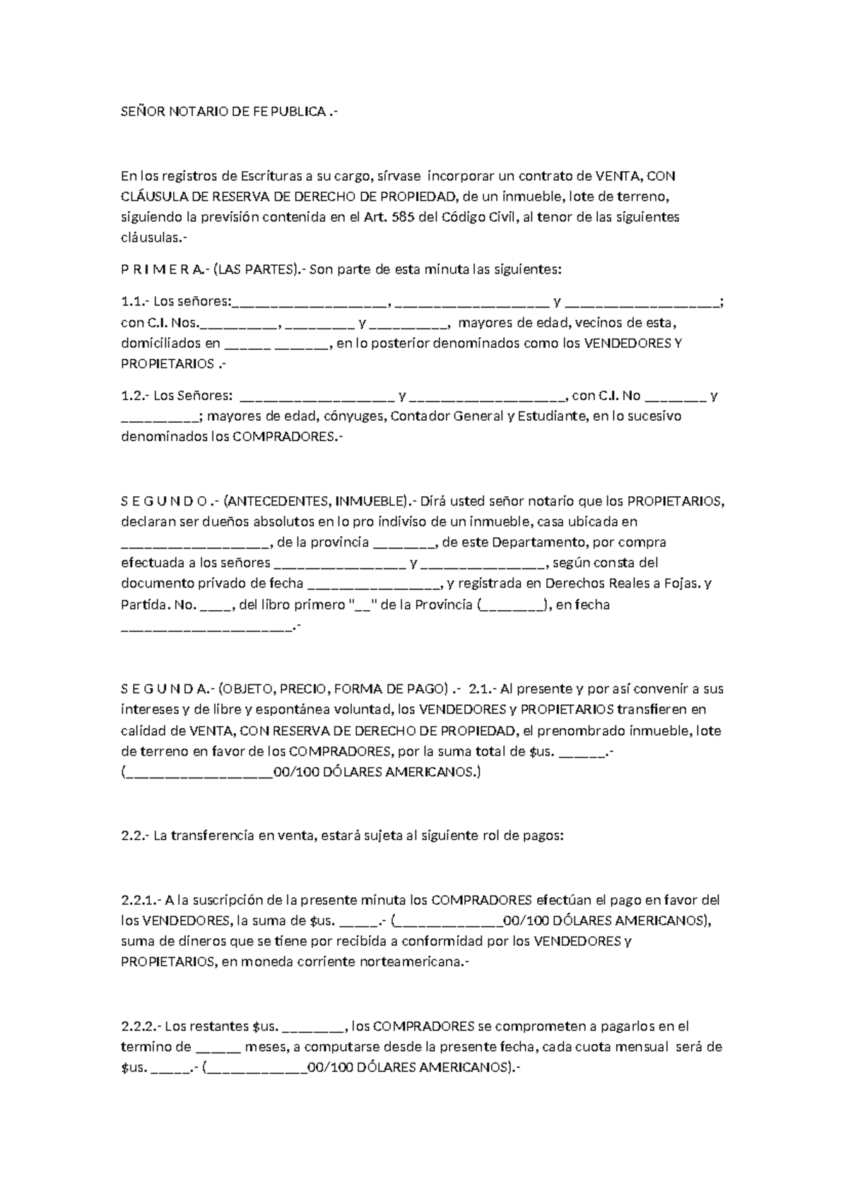 Contrato de Venta, CON Cláusula DE Reserva DE Derecho DE Propiedad ...