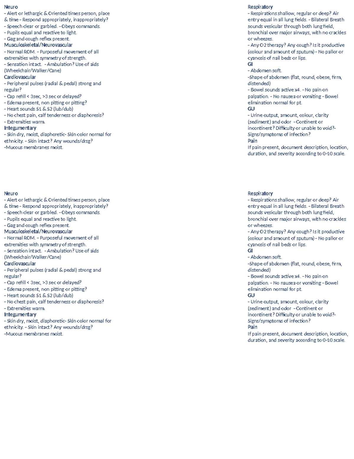 Physical Assessment Printable card - Neuro Alert or lethargic ...