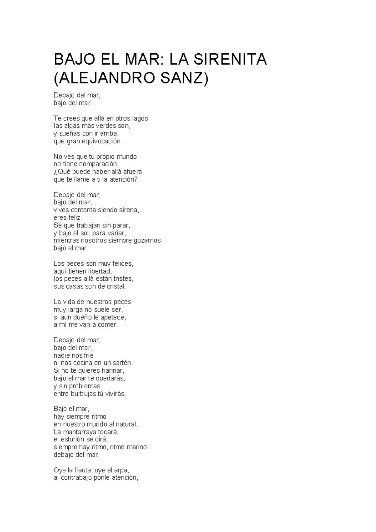 Letra de canciones de la sirenita - BAJO EL MAR: LA SIRENITA (ALEJANDRO ...