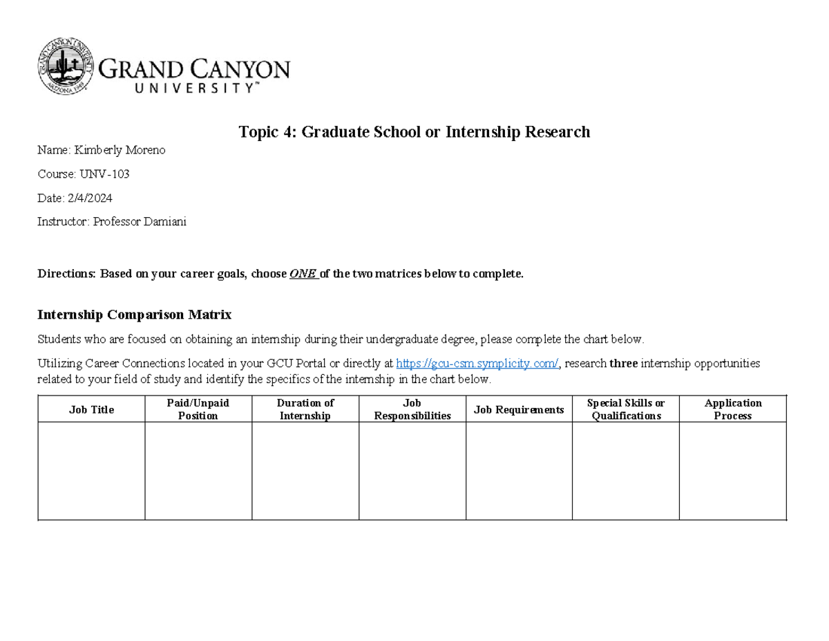 UNV Graduate School or Internship - Internship Comparison Matrix ...