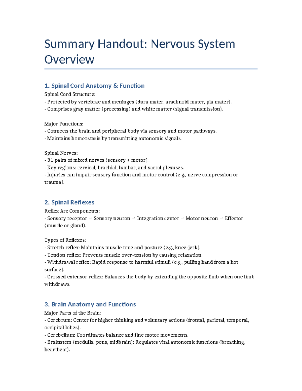 Nervous System Summary Handout - Summary Handout: Nervous System ...