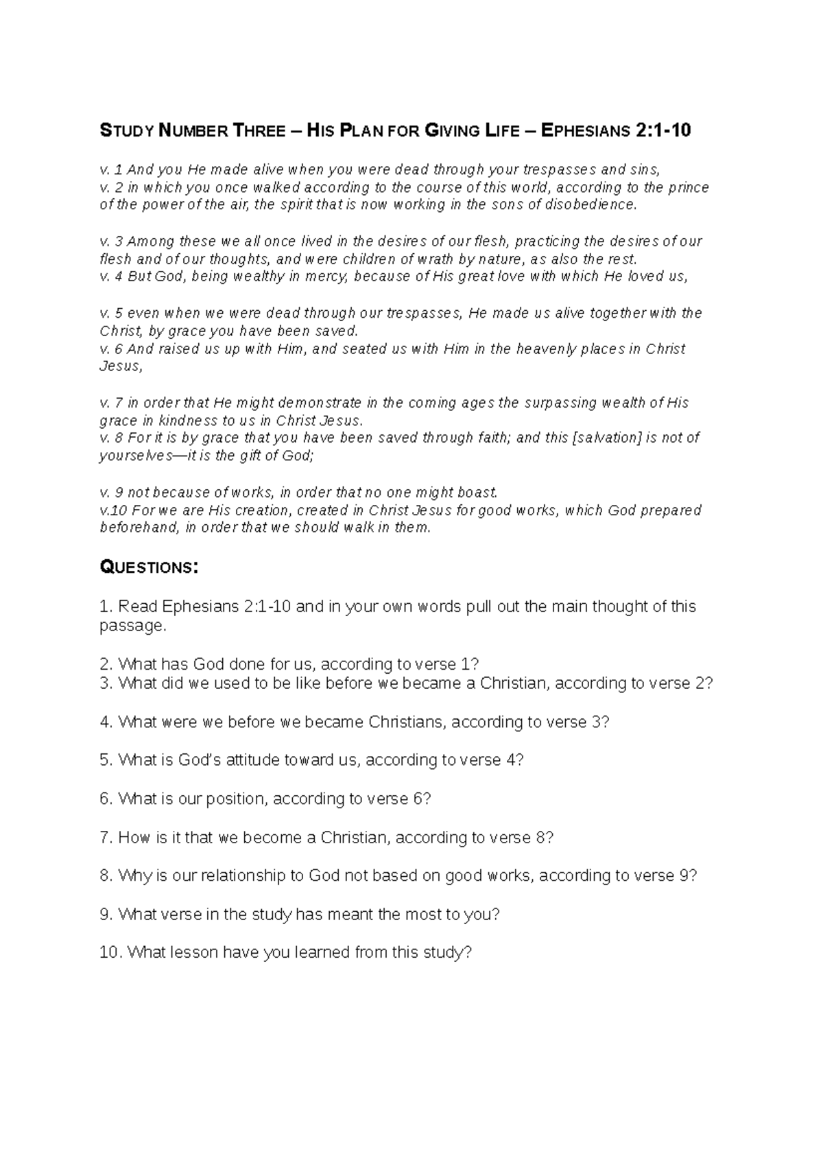 2 Ephesians 2 1 10 - LECTURE NOTES - STUDY NUMBER THREE – HIS PLAN FOR ...