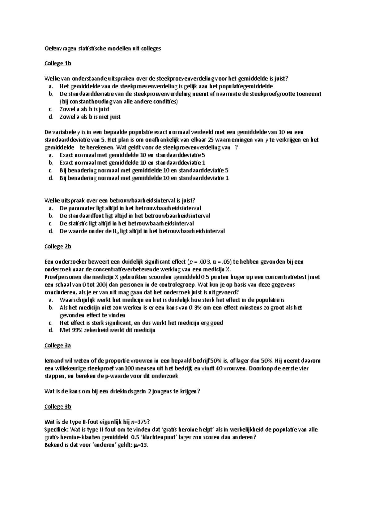 Oefenvragen statistische modellen - Het gemiddelde van de ...
