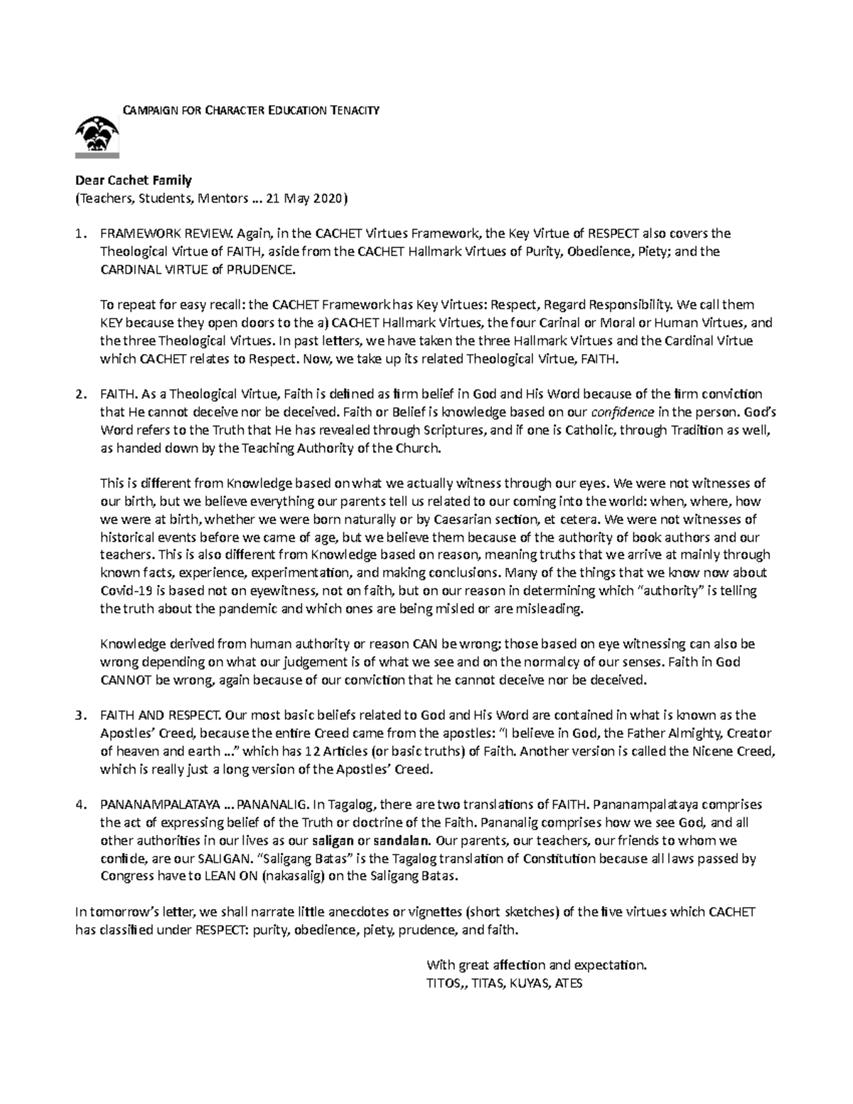 Letter-20 - Notes in ethics academic school year 20xx - CAMPAIGN FOR ...