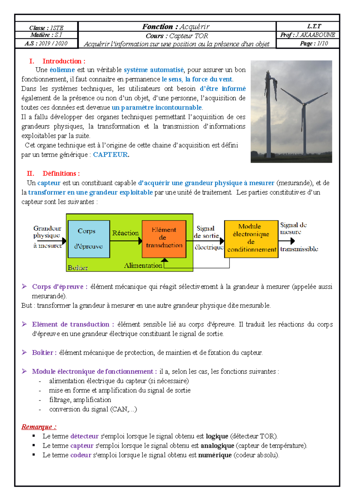 Capteur logique - cours 1 - Classe : 1STE Fonction : Acquérir L.T ...