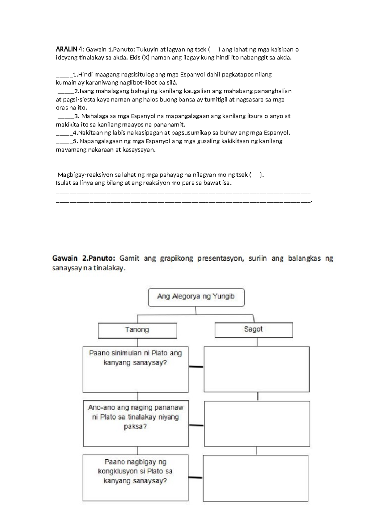 Aralin 4 Gawain - Activities - ARALIN 4: Gawain 1: Tukuyin at lagyan ng tsek ( ) ang lahat ng ...