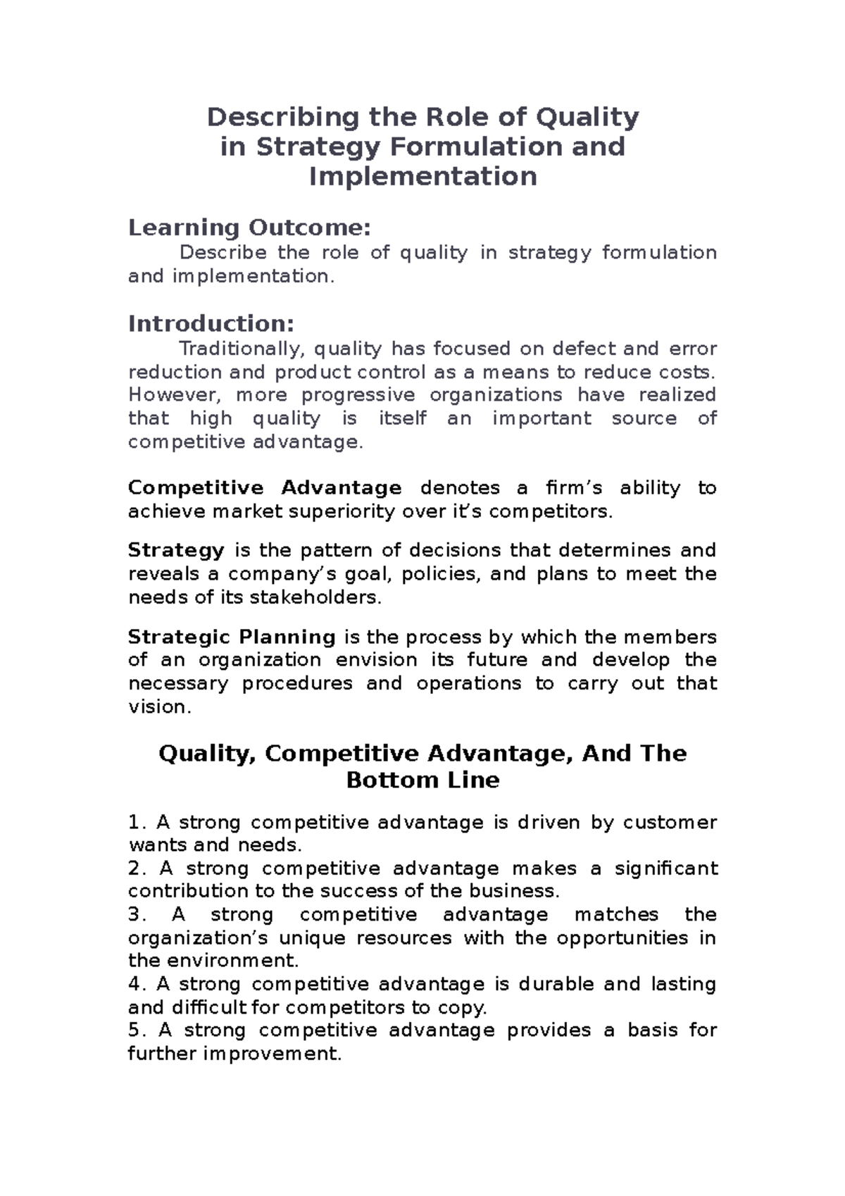 Describing the Role of Quality - Introduction: Traditionally, quality ...