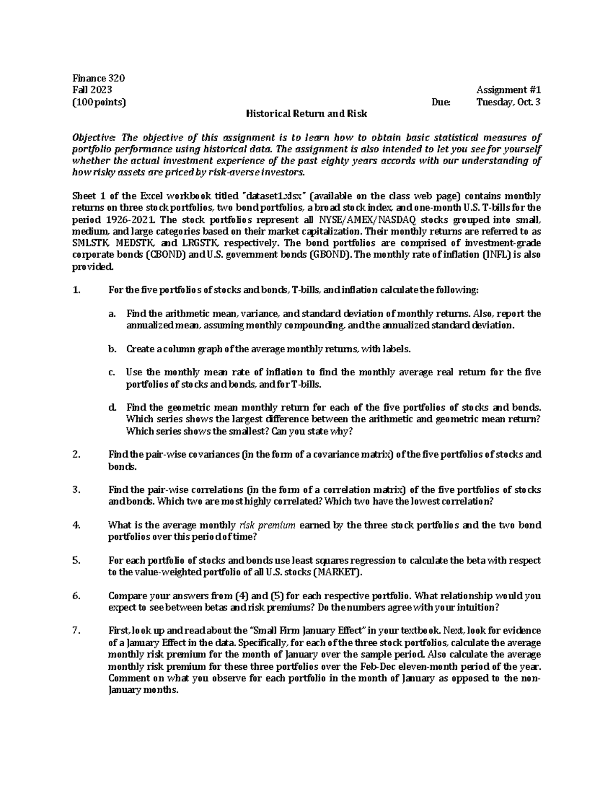 Assignment#1 Stats - Assignment 1 Fin 320 Iowa State - Finance 320 Fall 2023 Assignment # (100 ...