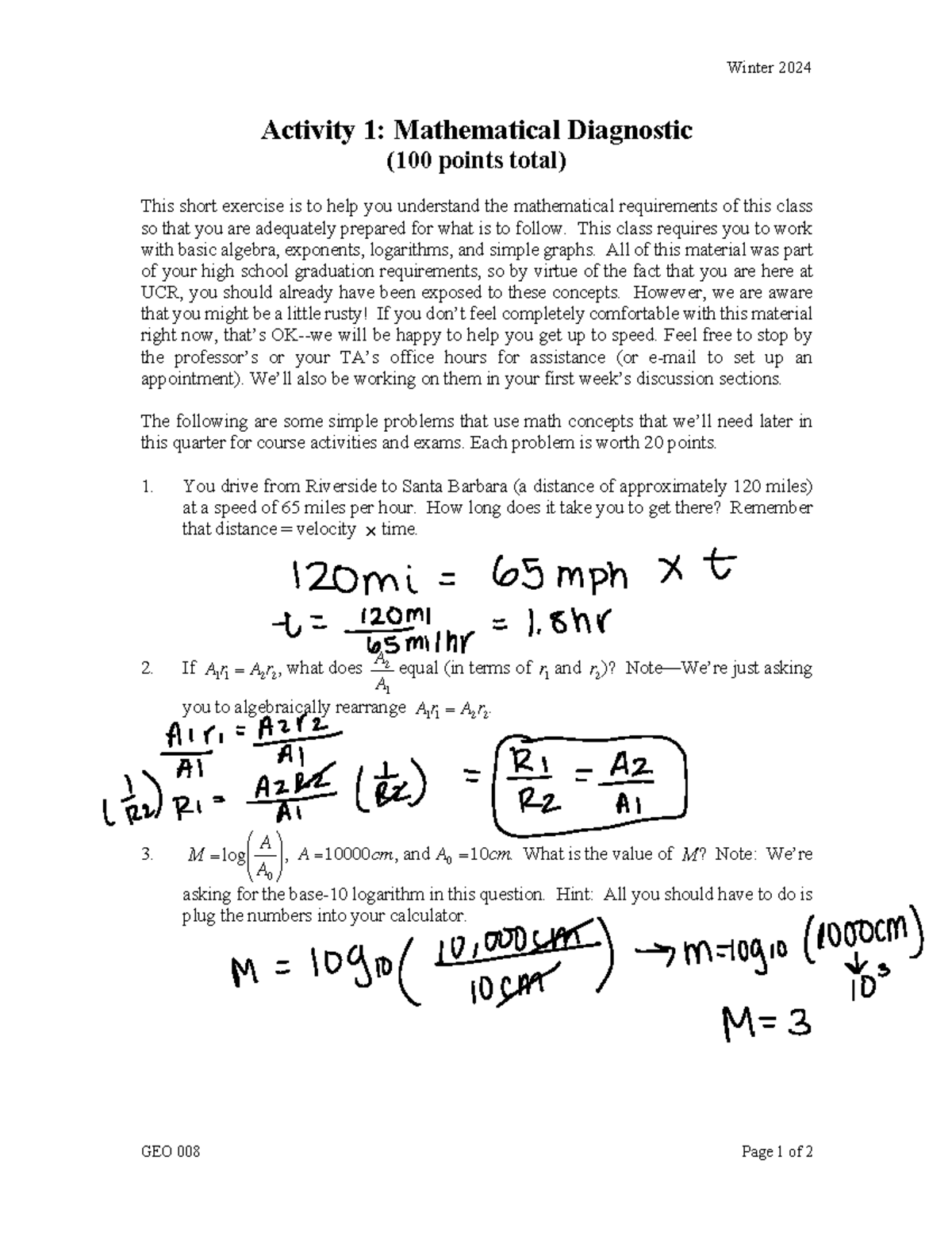 Activity 1 Math W24 - mat - Winter 2024 GEO 008 Page 1 of 2 Activity 1: Mathematical Diagnostic ...