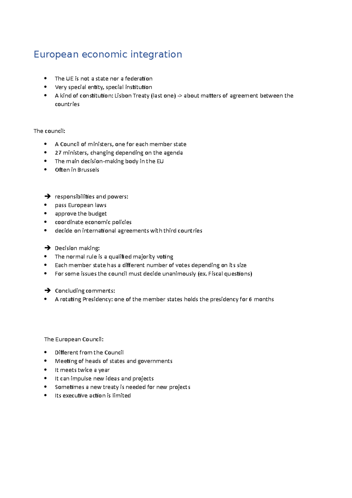 European economic integration - Fiscal questions) Concluding comments ...