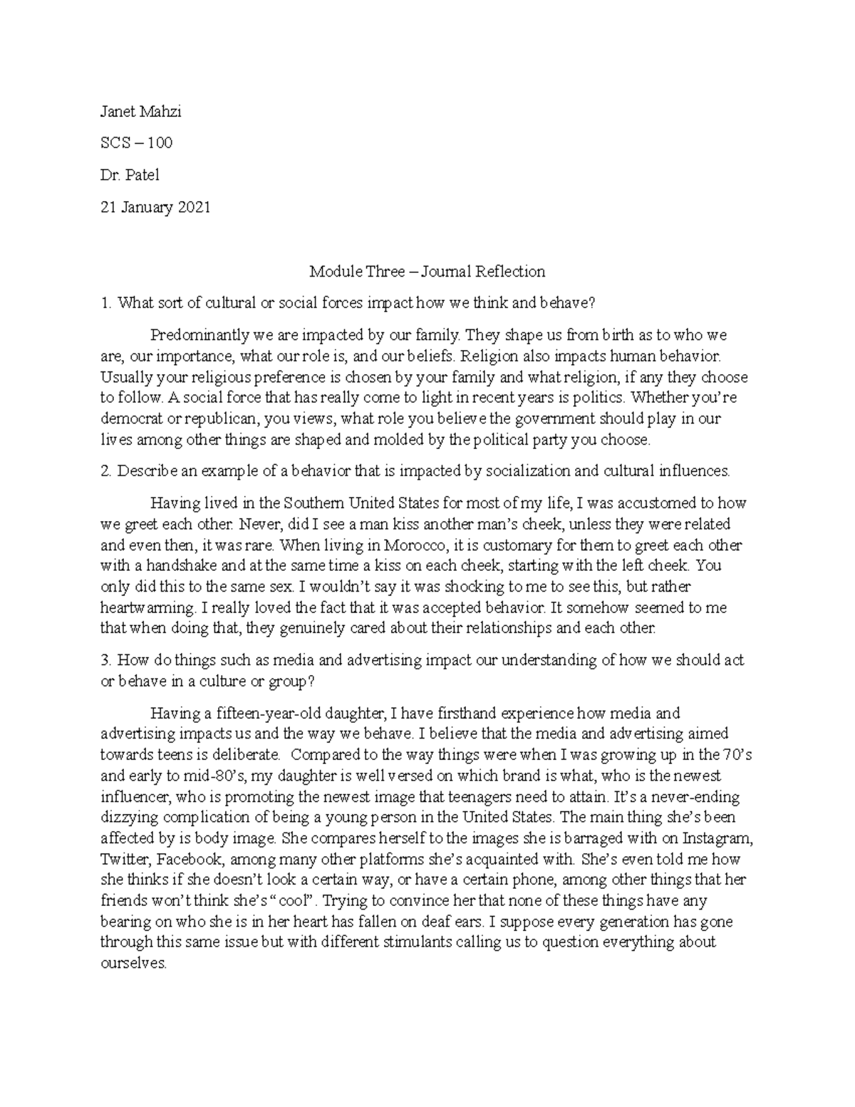 SCS 100 Journal Reflection Mahzi 01-21-21 - Janet Mahzi SCS – 100 Dr ...