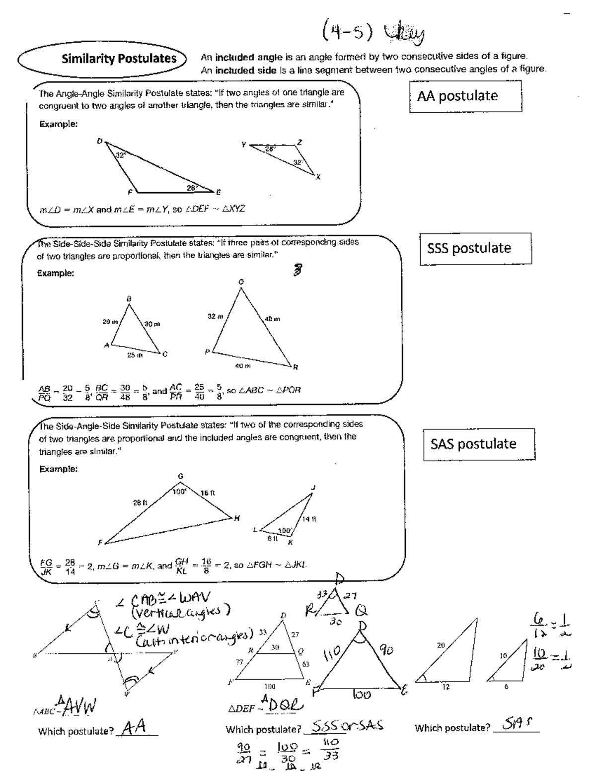 KEY-4-5 notes - Homework - hey Similarity Postulates An included angle ...