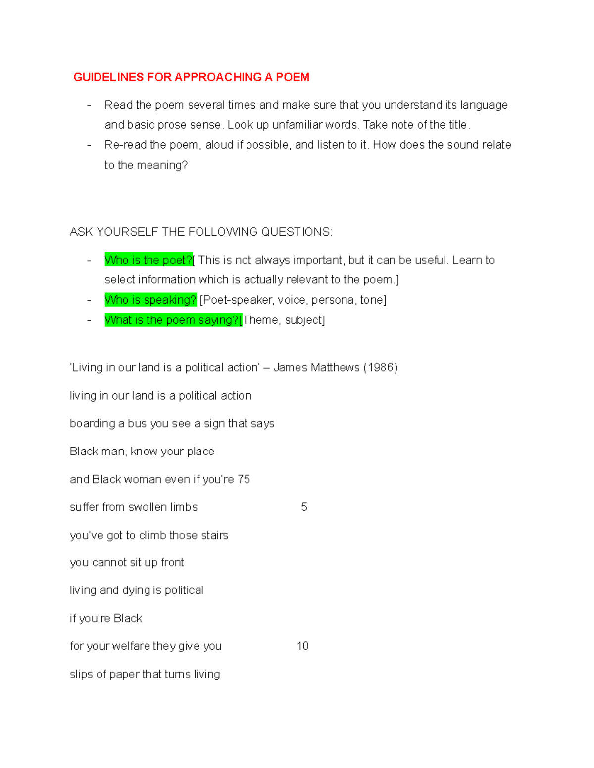 Guidelines FOR Approaching A POEM - GUIDELINES FOR APPROACHING A POEM ...