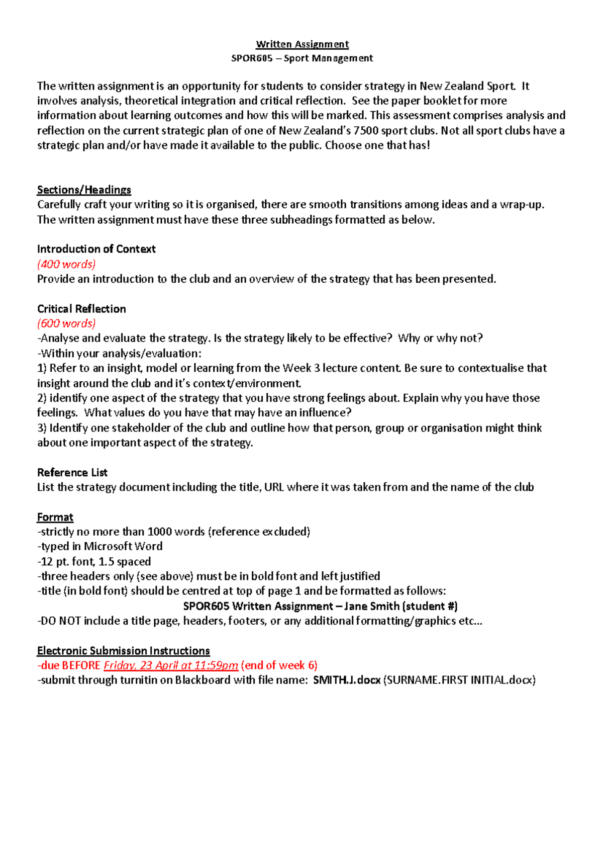 Written Assignment 1 Guidelines - Written Assignment SPOR605 – Sport ...