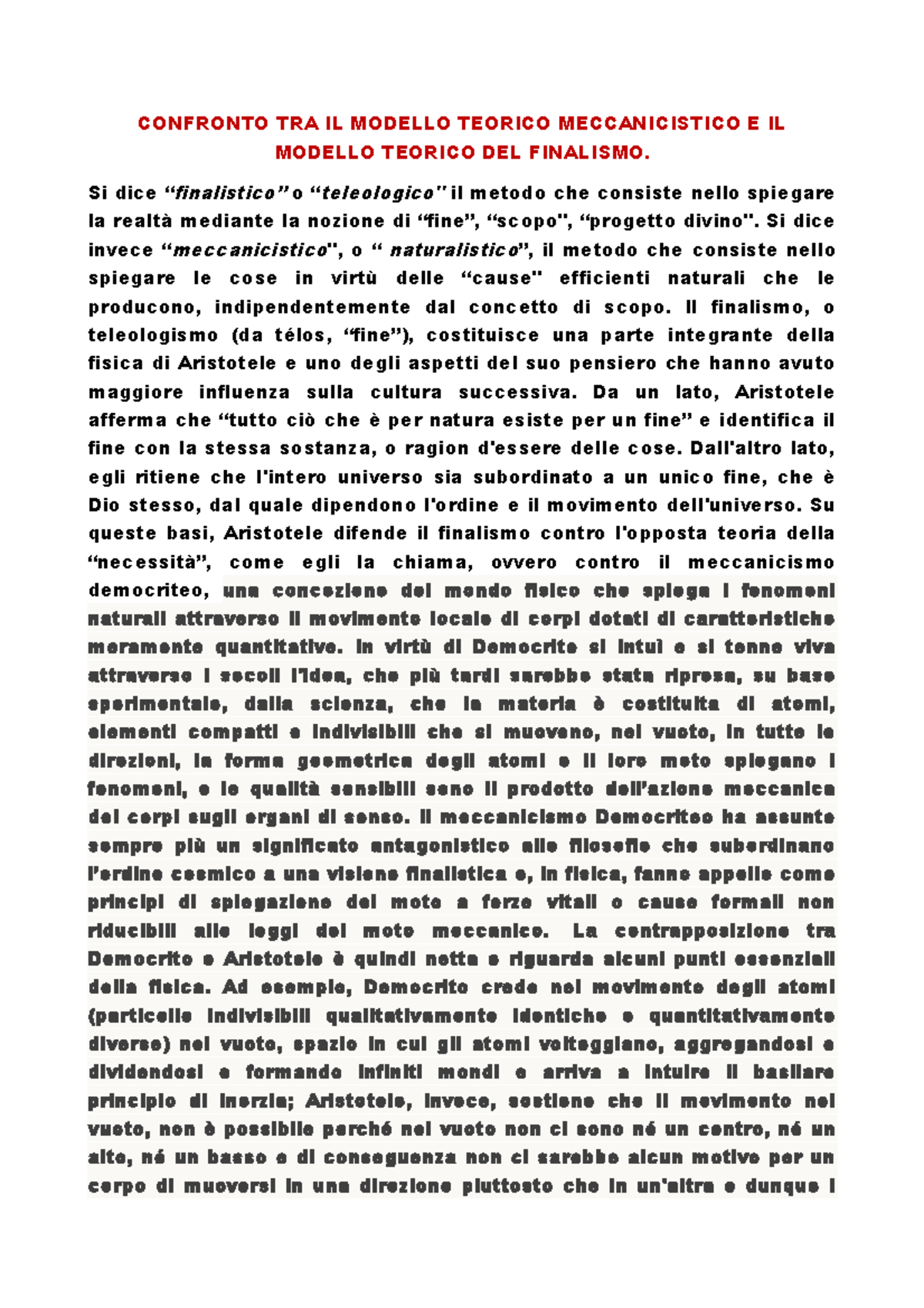 Meccanicismo E Finalismo - CONFRONTO TRA IL MODELLO TEORICO ...