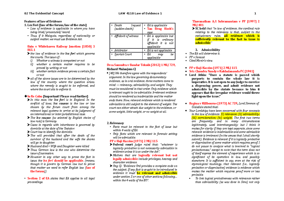 Features of law of Evidence - 02 The Evidential Concept LAW 4110 Law of ...