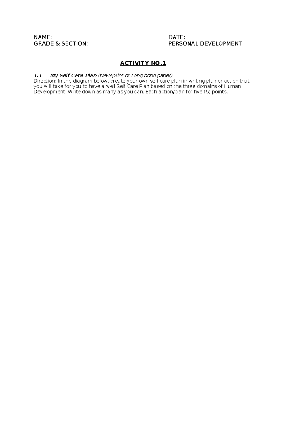 Perdev- Activity 1 - NAME: DATE: GRADE & SECTION: PERSONAL DEVELOPMENT ...