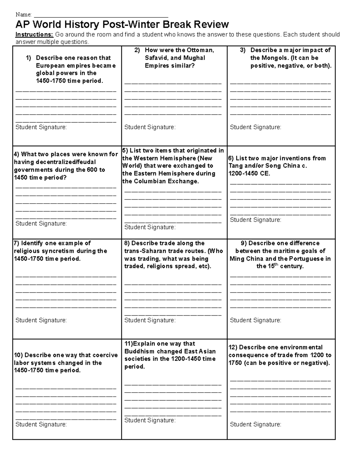 Post-Winter Break Review - Name ...