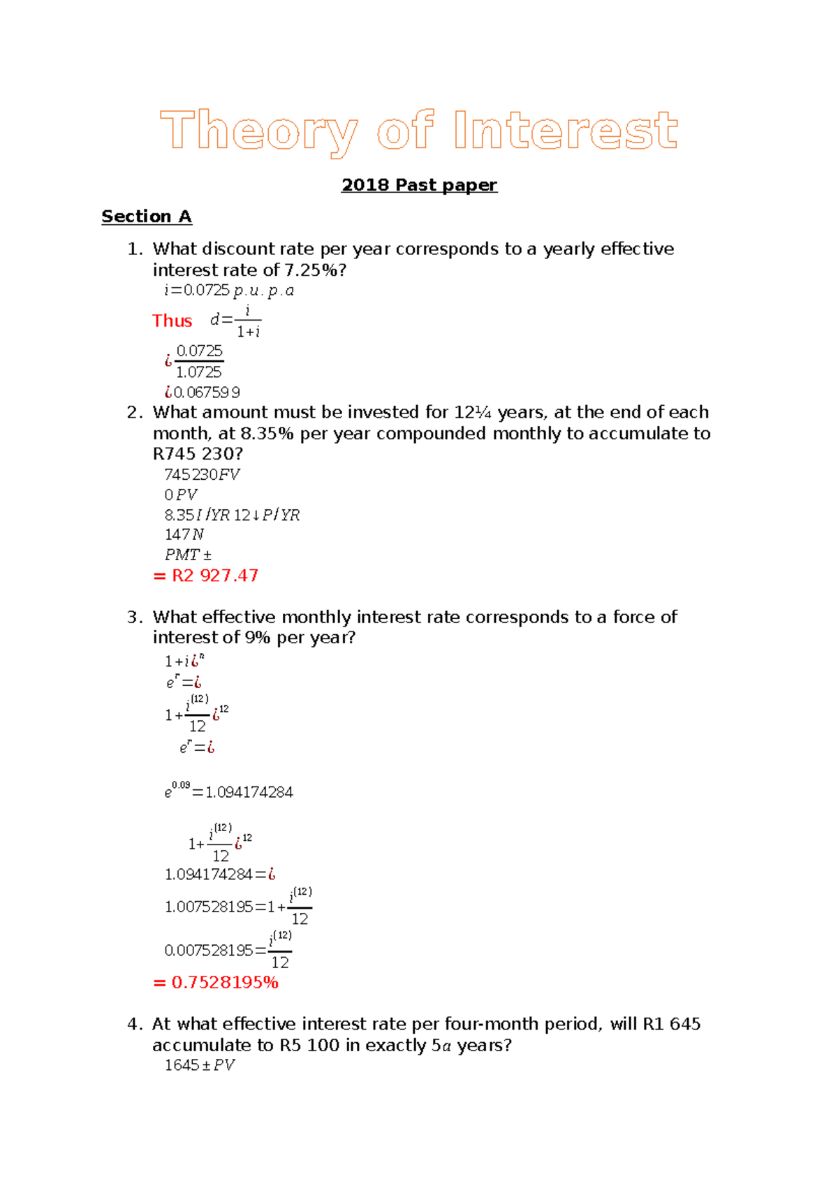 Exam 2018, questions and answers - Theory of Interest 2018 Past paper ...