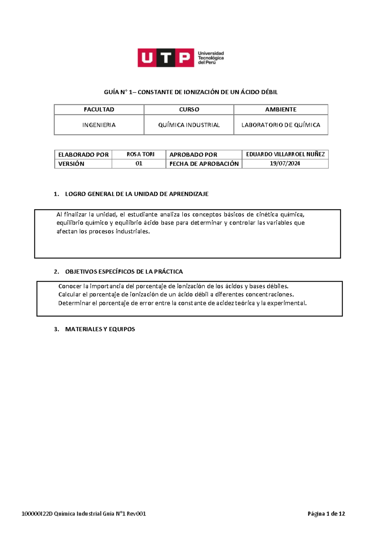 100000 I22D-GUÍA N°1- Labquimi 01- Constante DE Ionización DE UN Ácido Débil - GUÍA N° 1 ...