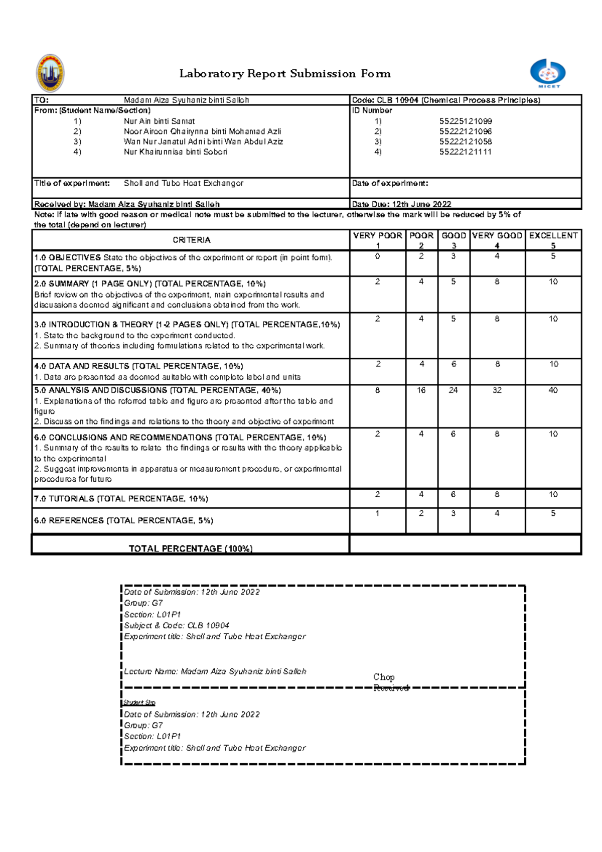 CPP LR EXP 5 G7 L01P1 - This is a lab report for shell and tube heat ...