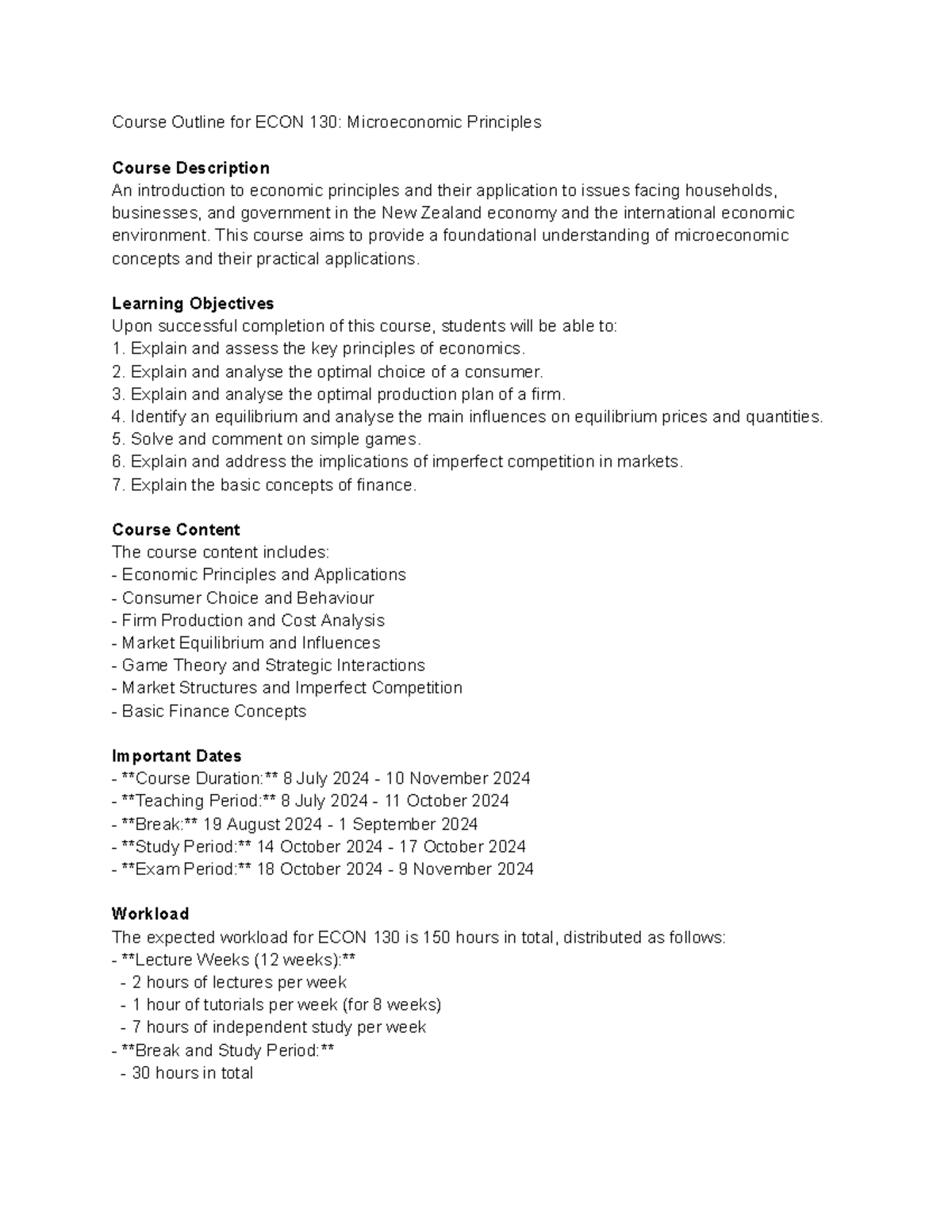 Course Outline for ECON 130 Microeconomic Principles - Course Outline ...