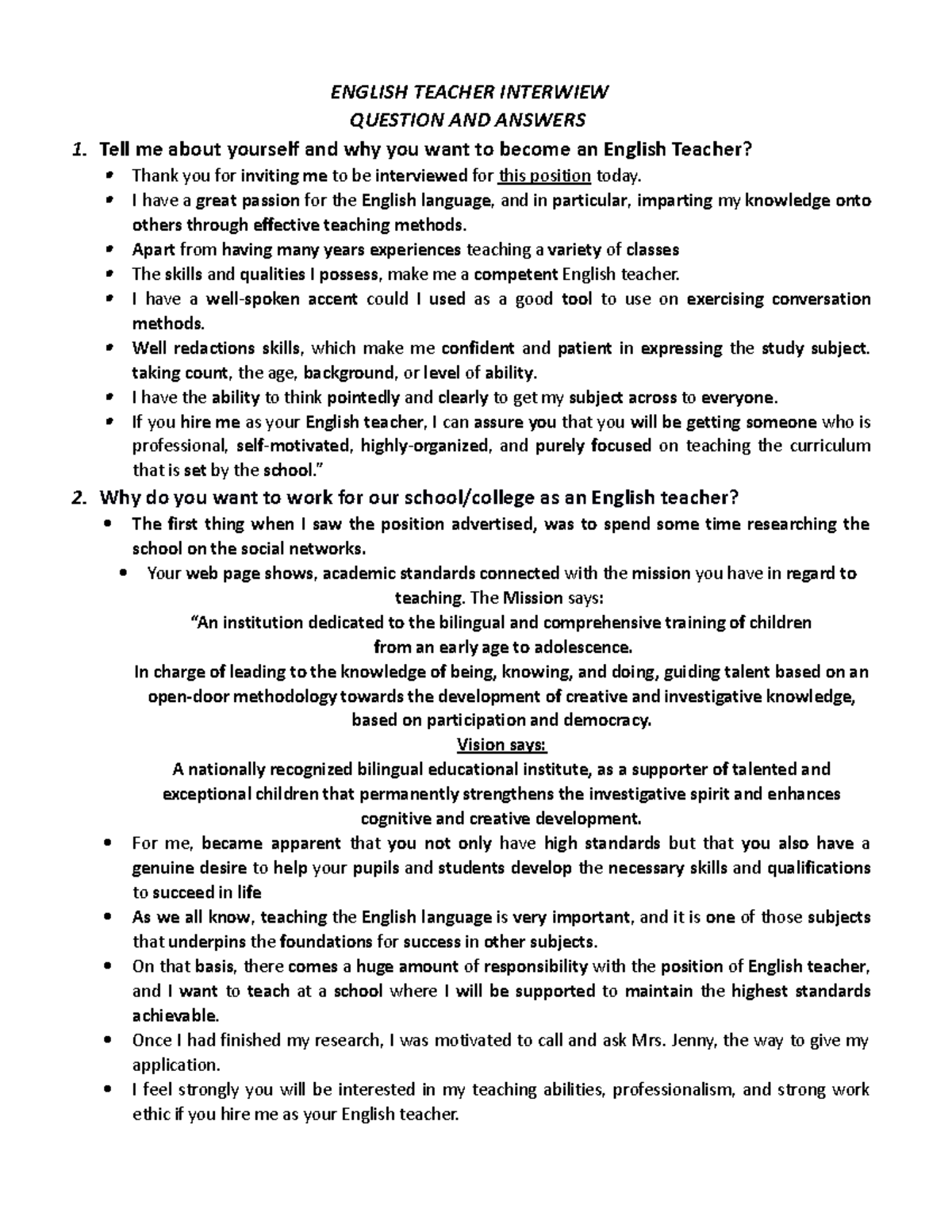 English Teacher Interwiew - ENGLISH TEACHER INTERWIEW QUESTION AND ...