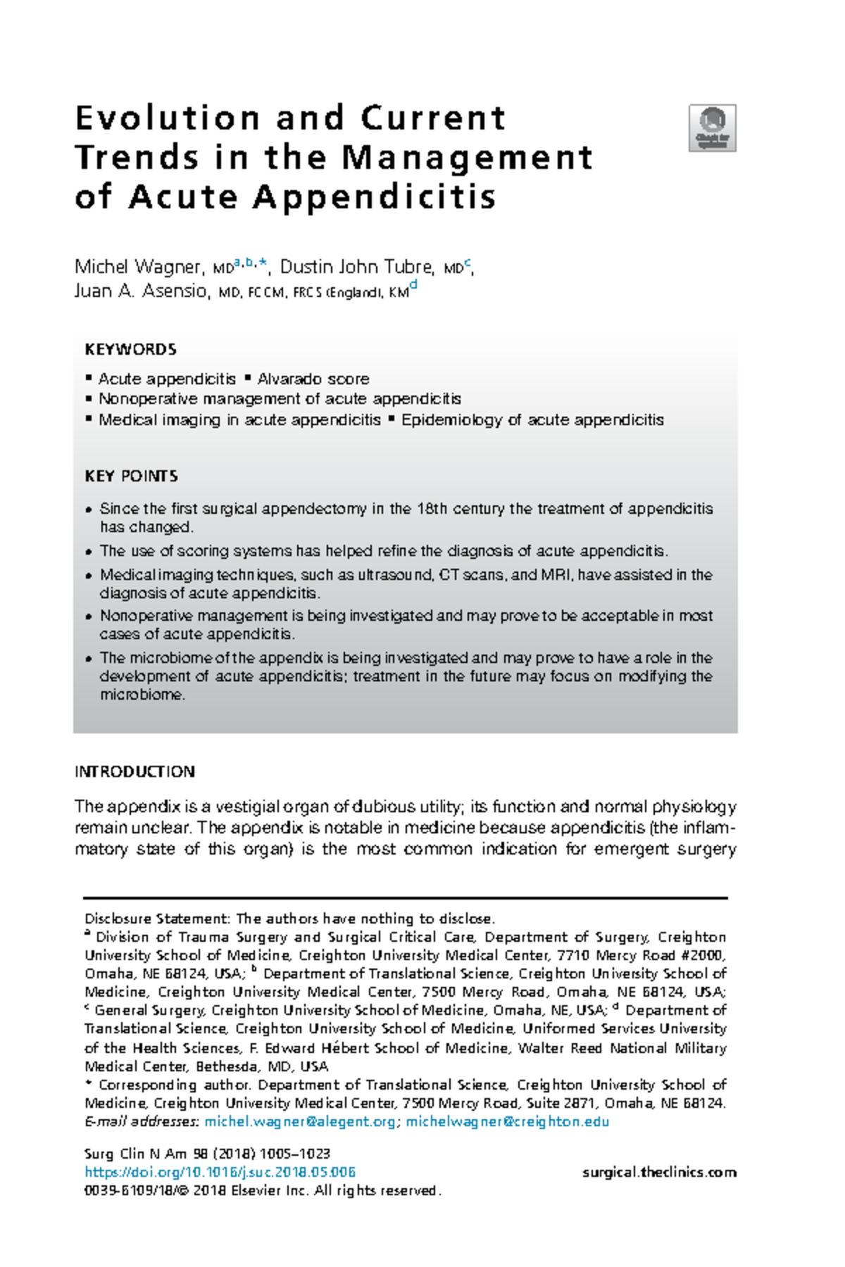 Evolution and Current trends in the management of acute appendicitis ...