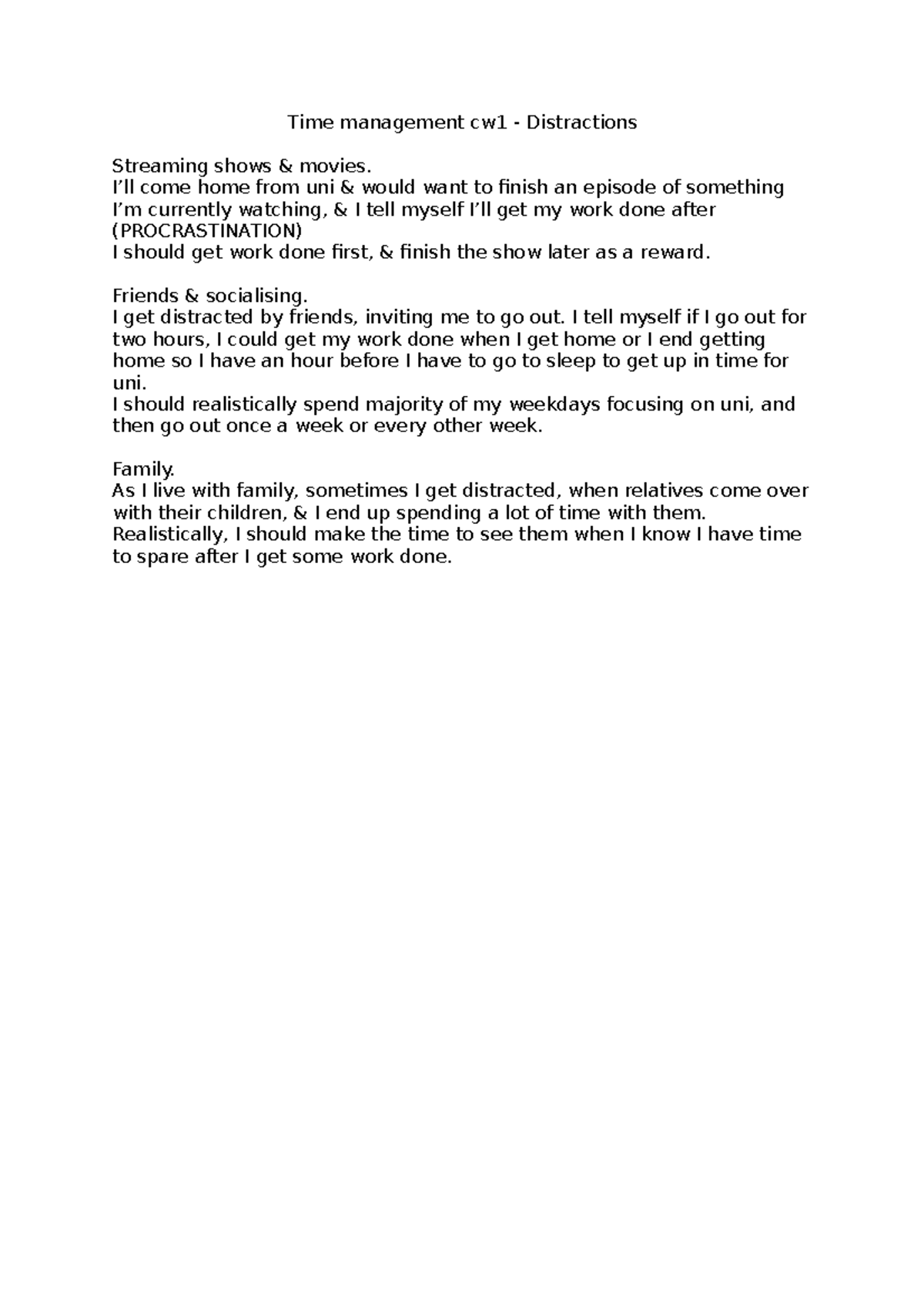 Time management cw1 - distractions & solutions - Time management cw1 ...